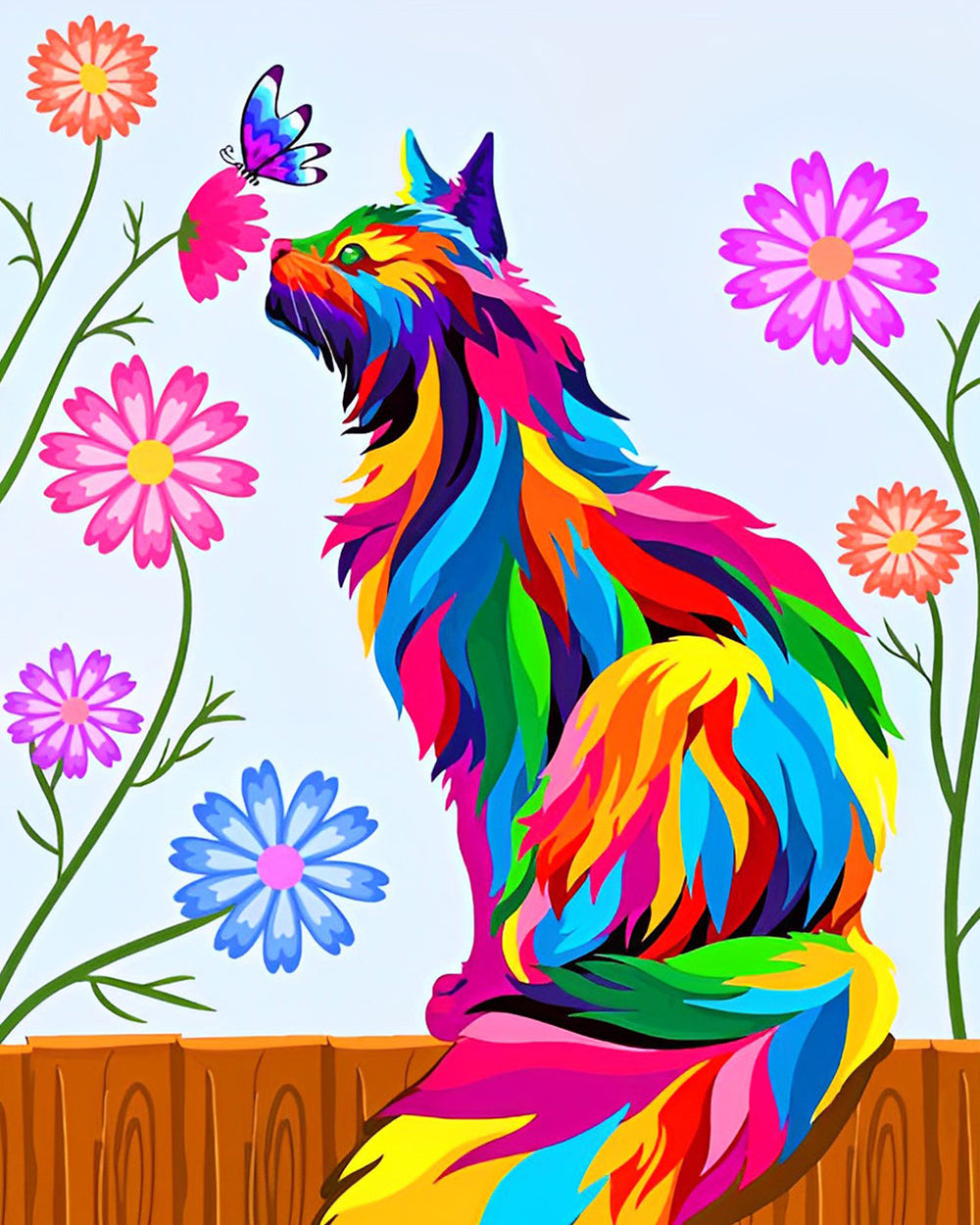 Diamond Painting Kaufen - Bunte Katze und Chrysanthemen – Diamonddiy.de